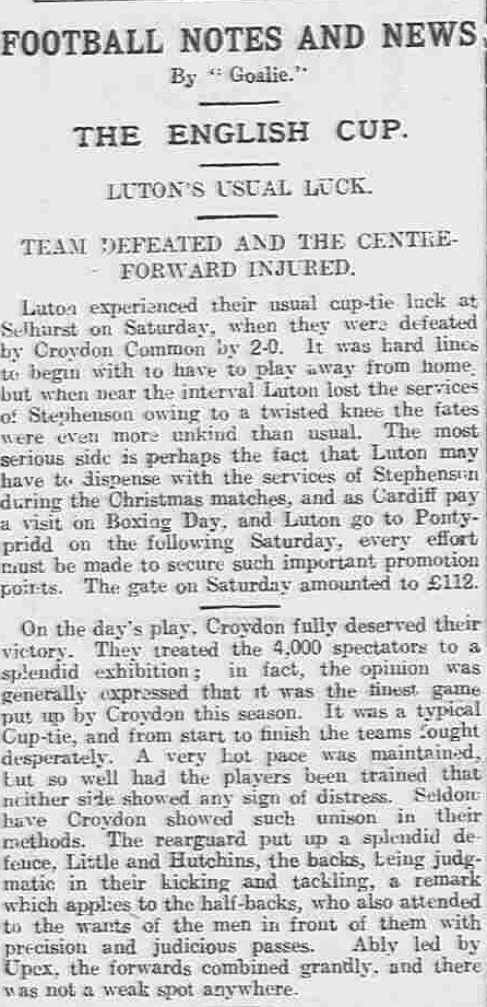 Croydon Common vs Luton Town FC (14th Dec 1912) | Hatters Heritage | A ...