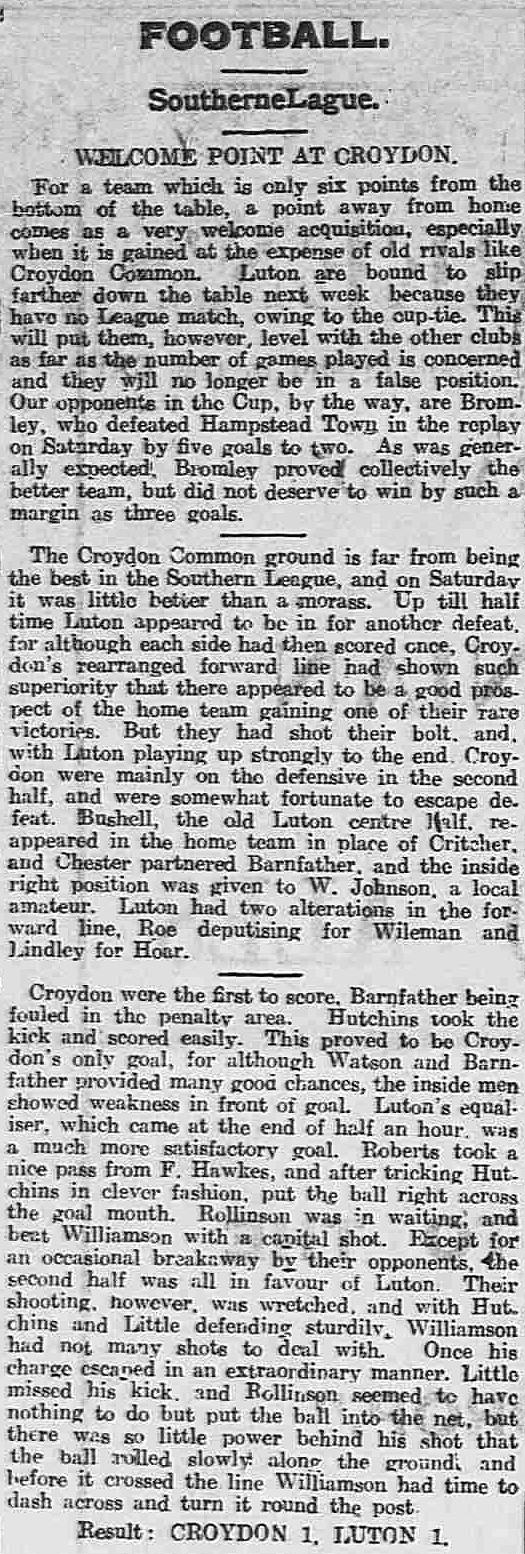 Croydon Common vs Luton Town FC (12th Dec 1914) | Hatters Heritage | A ...