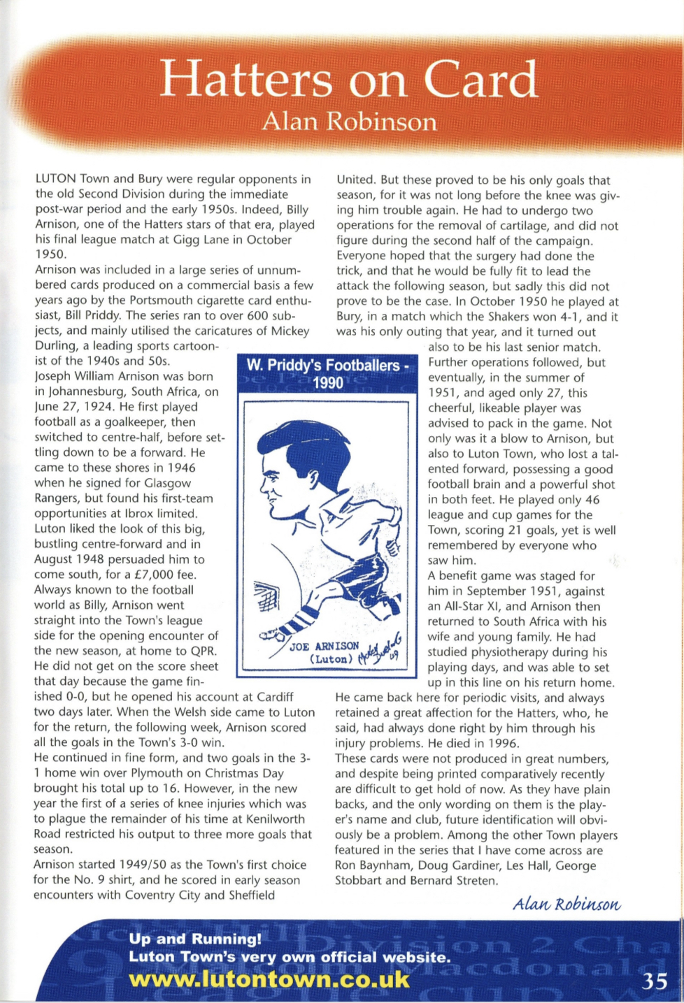 Joe Arnison | Hatters Heritage | A History of Luton Town FC