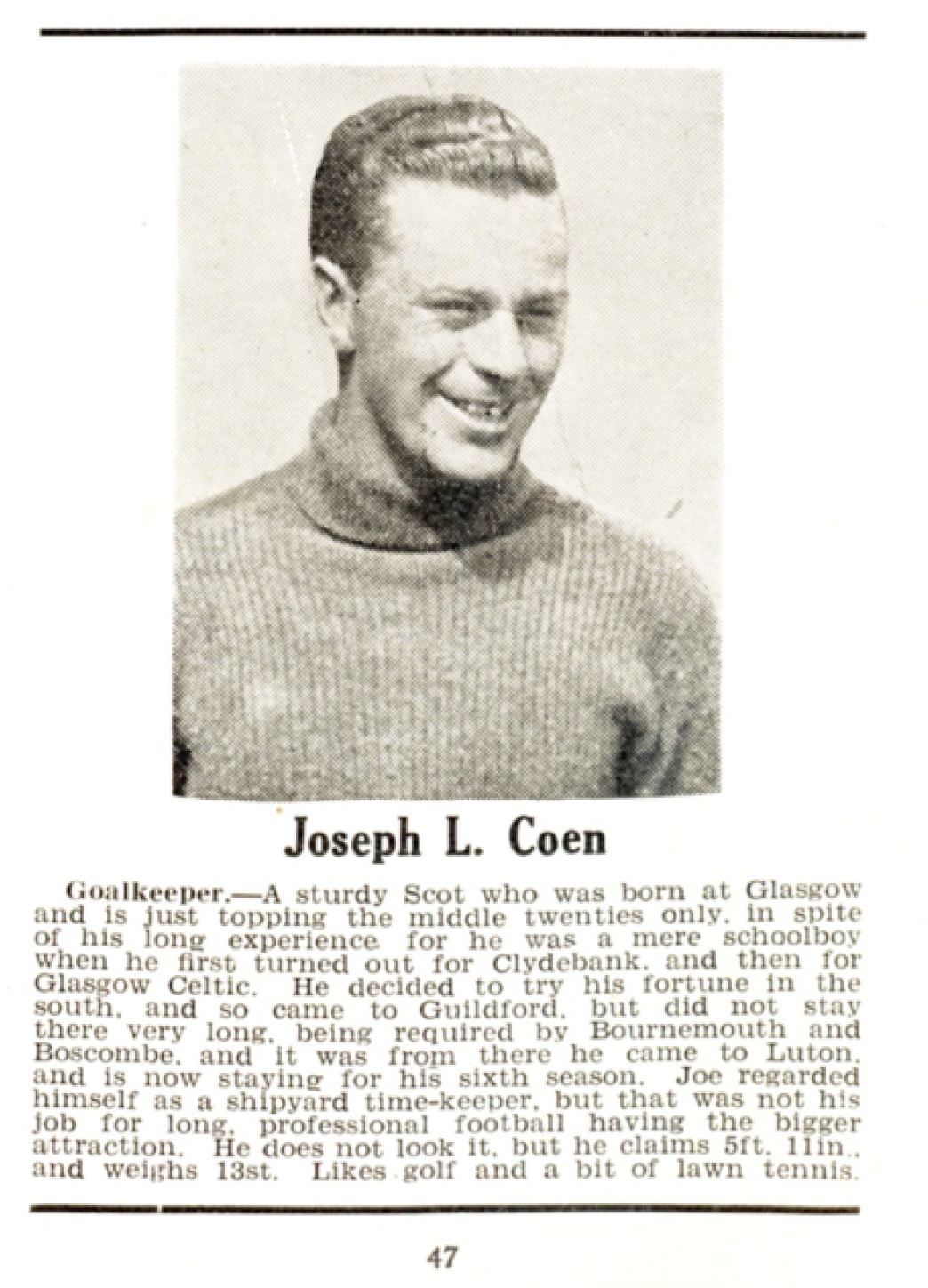 Joe Coen | Hatters Heritage | A History of Luton Town FC