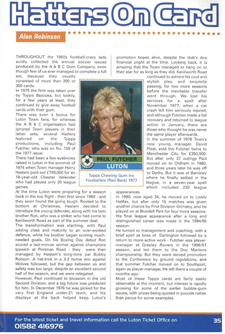 Paul Futcher | Hatters Heritage | A History of Luton Town FC