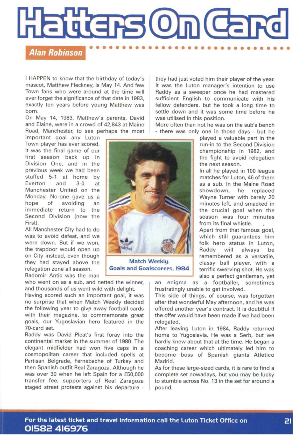 Raddy Antic | Hatters Heritage | A History of Luton Town FC