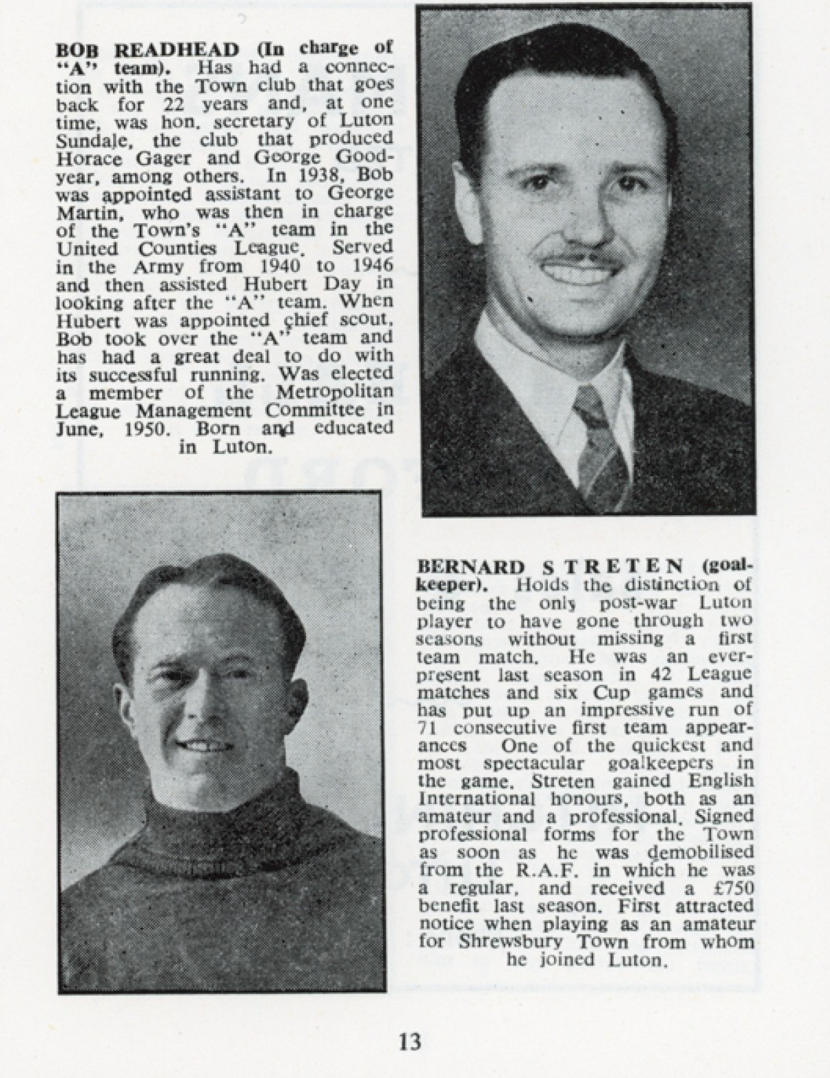 Bernard Streten | Hatters Heritage | A History of Luton Town FC