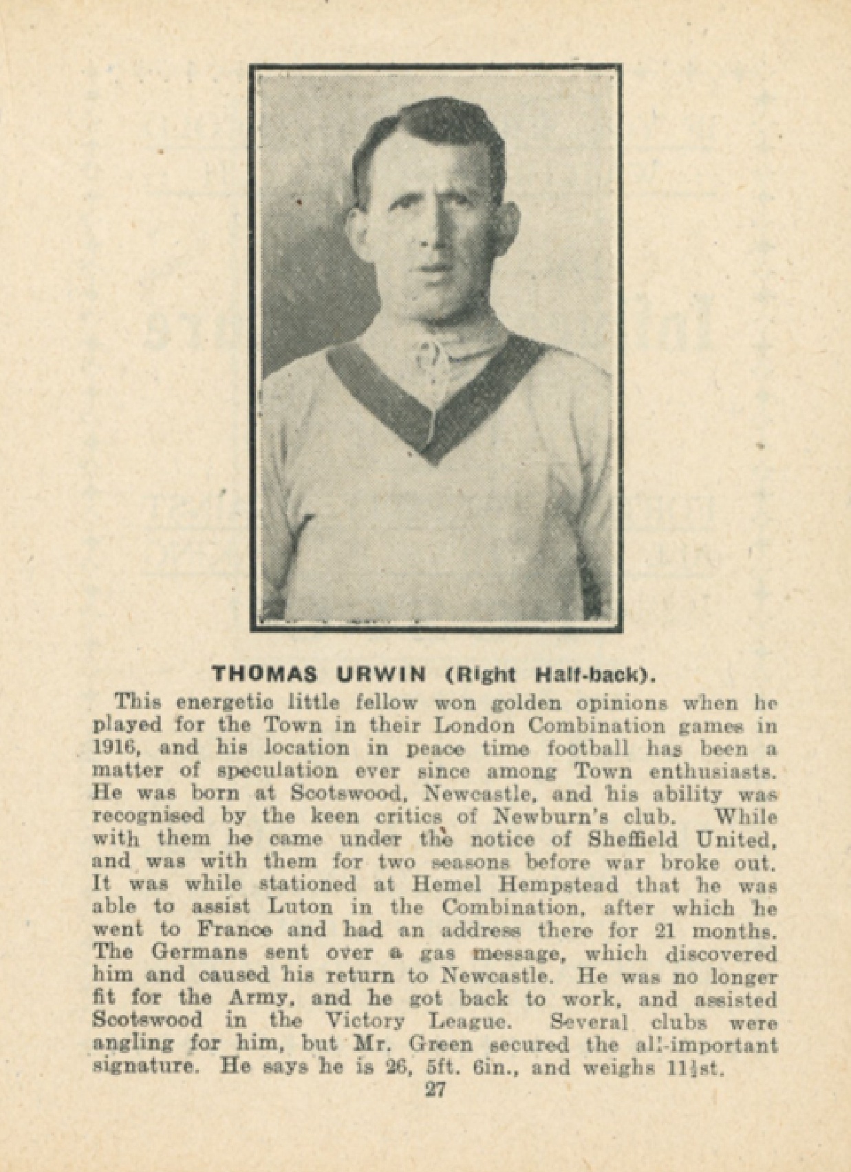 Thomas Urwin | Hatters Heritage | A History of Luton Town FC