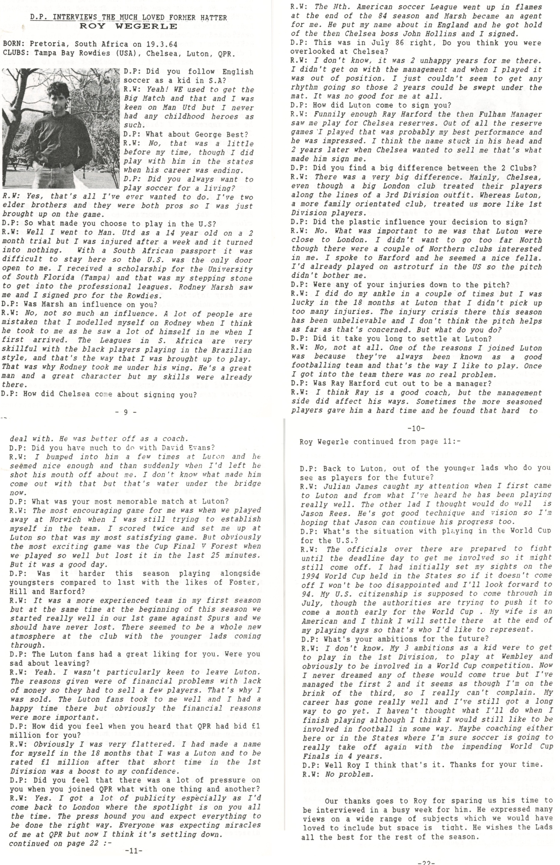 Roy Wegerle | Hatters Heritage | A History of Luton Town FC